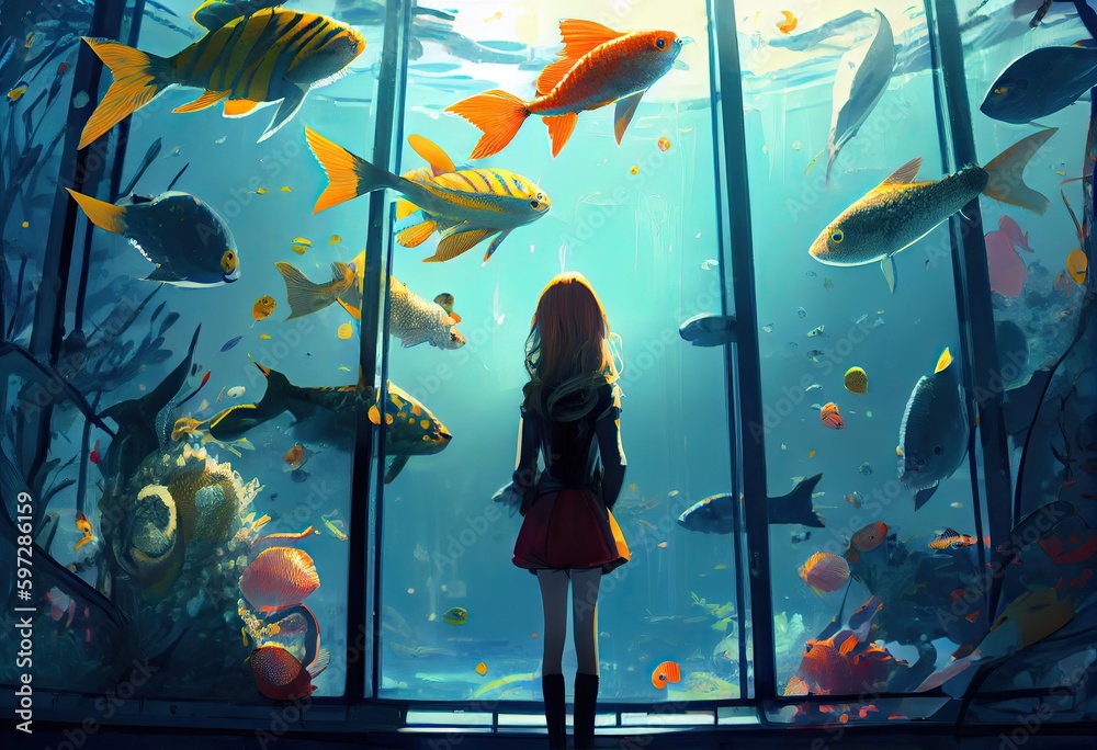 anime girl standing in front of a big aquarium tank, many colorful ...