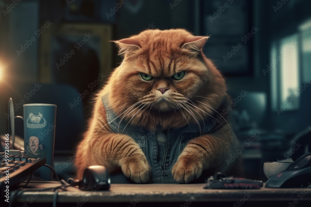 Portrait of a very beautiful plump fat cat in the office at work. AI ...