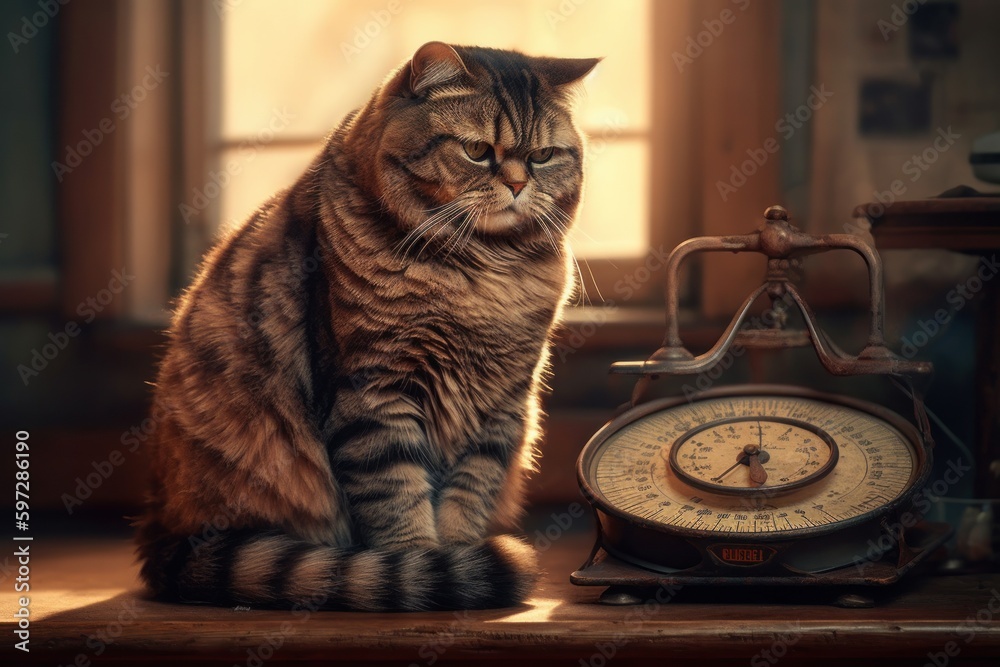 Sad fat cat and scales. AI generated, human enhanced Stock Illustration ...