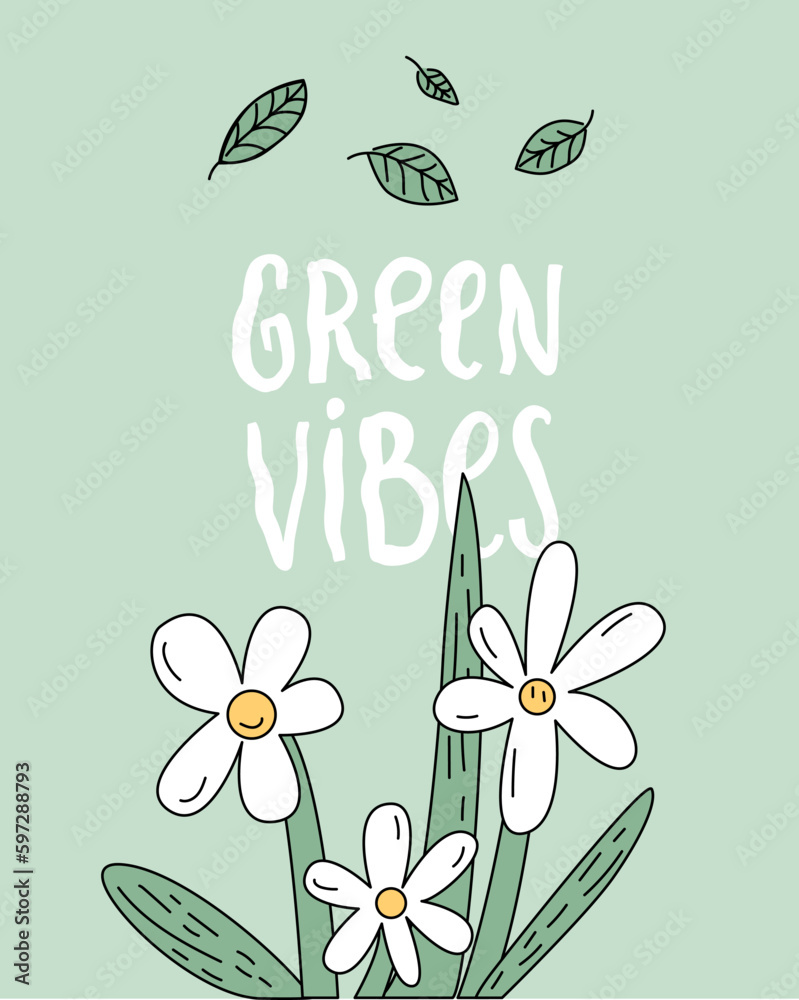 Green Vibes plants quote illustration on pastel green background. Eco ...