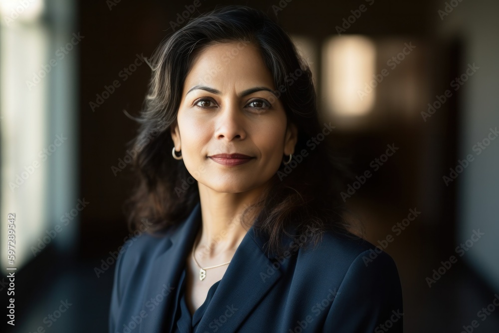 Hispanic female executive exuding confidence in a modern office setting ...