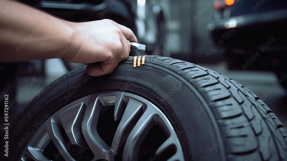 Photo Mechanic checking tire tread depth and wear using a tire gauge ...