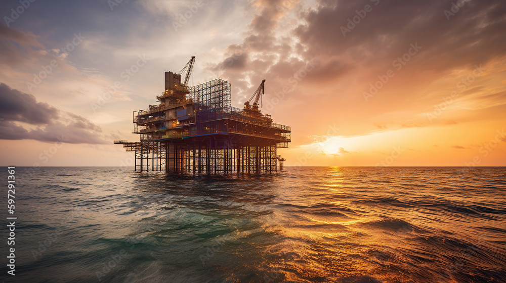 Offshore oil and rig platform in sunset or sunrise time. Construction ...
