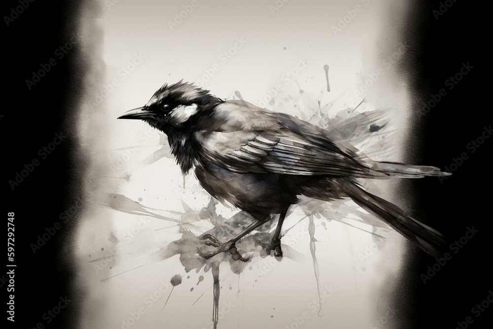 An original sumi-e ink painting of a solitary bird in a Japanese style ...