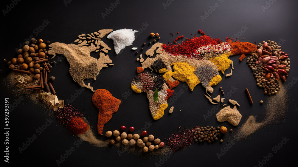 World map made of different spices on grey background, Top View ...