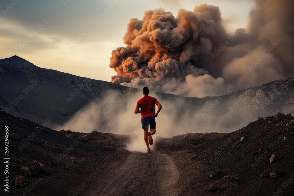 Man running away from a volcanic eruption. Generative AI Stock ...