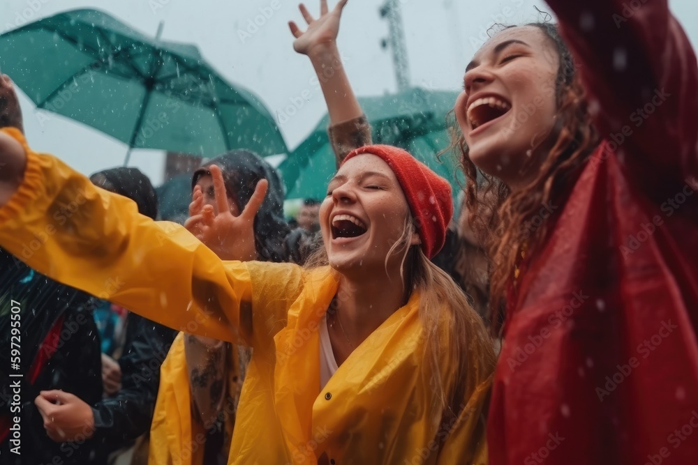 Beautiful young people dancing in the rain on a summer festival ...