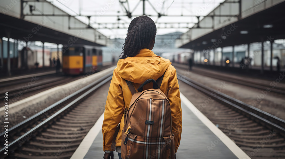 A walking African woman on the railway station before her trip between ...