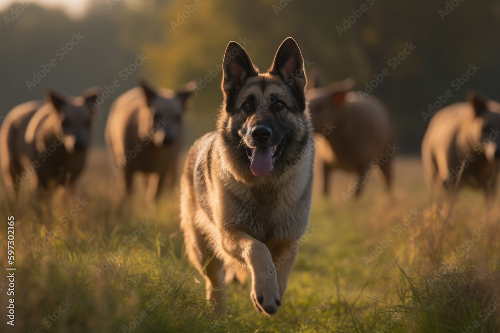 German shepherd dogs running after sheep in a beautiful field, ai ...