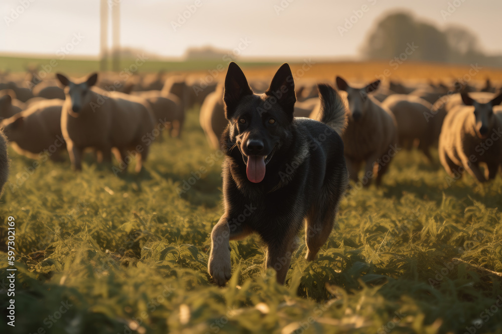 German shepherd dogs running after sheep in a beautiful field, ai ...