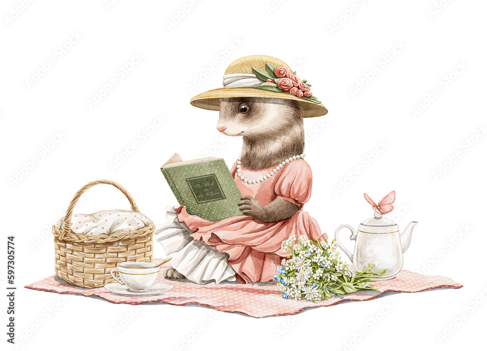 Watercolor vintage summer composition with ferret girl animal in ...