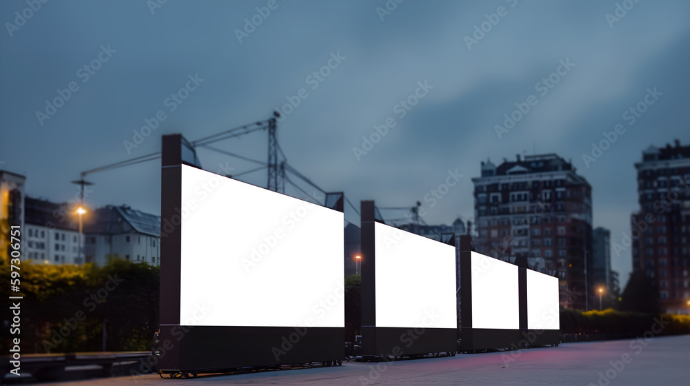 Vertical standing empty billboards or standee mockups at event place ...