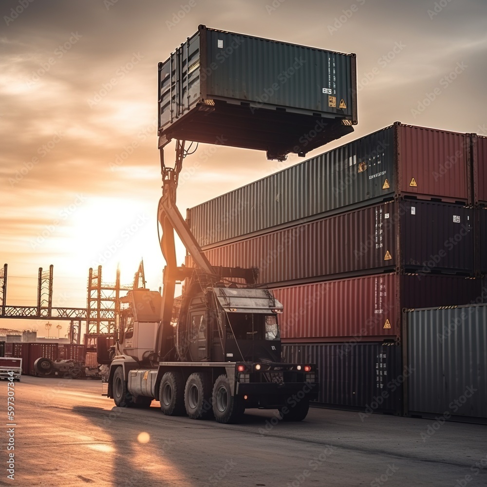 crane loading cargo container from truck to container ship in the ...