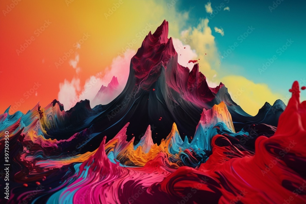 Surrealist painting of a terrifying mountain with bold colors and ...
