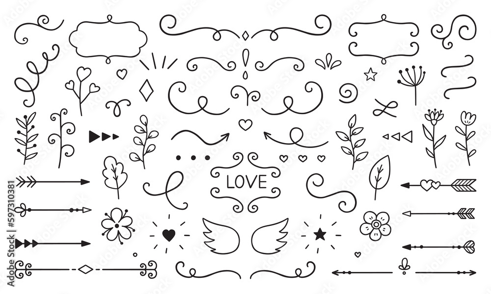 Text dividers doodle set. Boho arrows. Wedding decorative elements with ...
