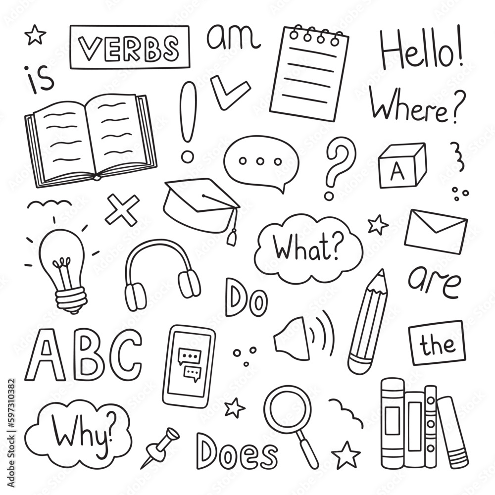 Learning English doodle set. Language school in sketch style. Online ... Learning English doodle set. Language school in sketch style. Online ...