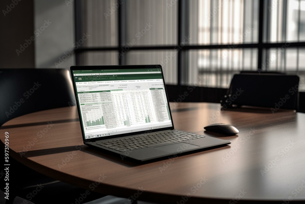 Mockup of Excel sheet displayed on laptop in a conference room ...