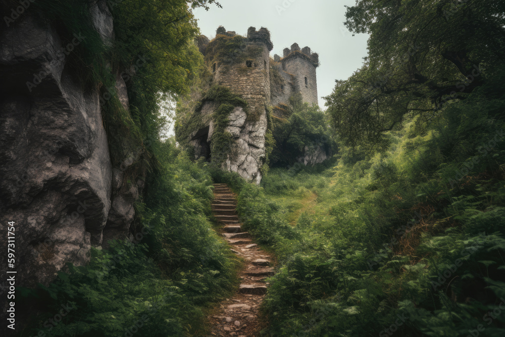 An old castle situated in the midst of dense trees and bushes, with a ...