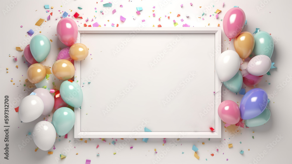 decoration balloons, confetti, gift, frame with pastel color space ...