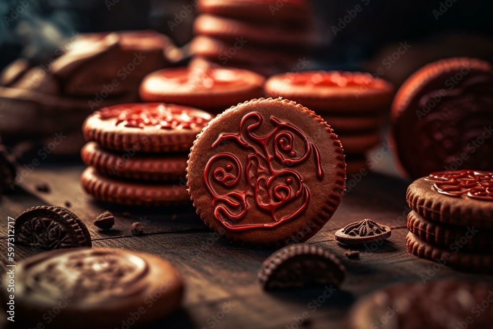 Circular cookies with gaps and a dollop of red chocolate in the middle ...