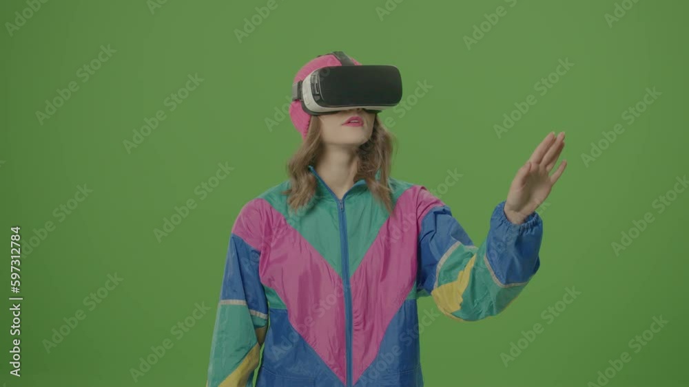 Green Screen. Girl of '80-'90s Style Wearing Virtual Reality Headset ...