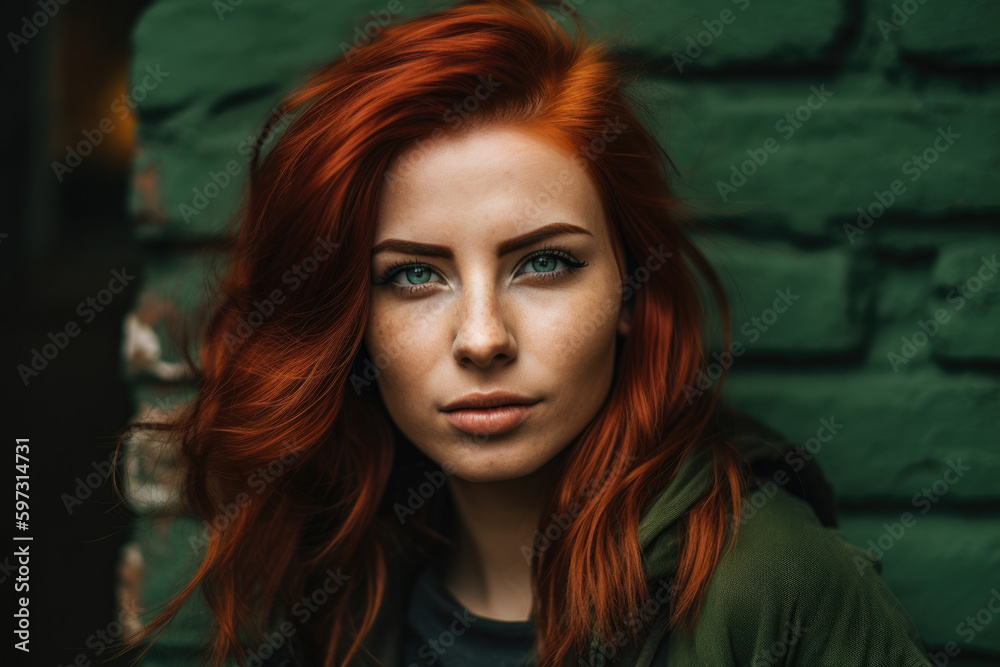 attractive beauty of a woman with fiery red hair and piercing green eyes, set against a dark ...