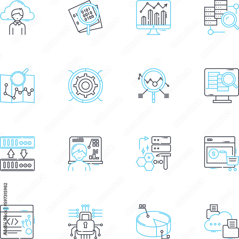 Vast data insights linear icons set. Analytics, Big data, Business intelligence, Dashboards ...