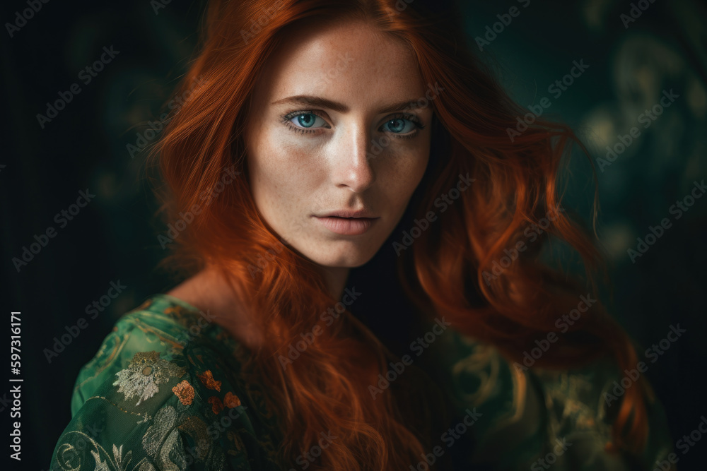 Close-up portrait of a beautiful woman with copper-colored hair and ...