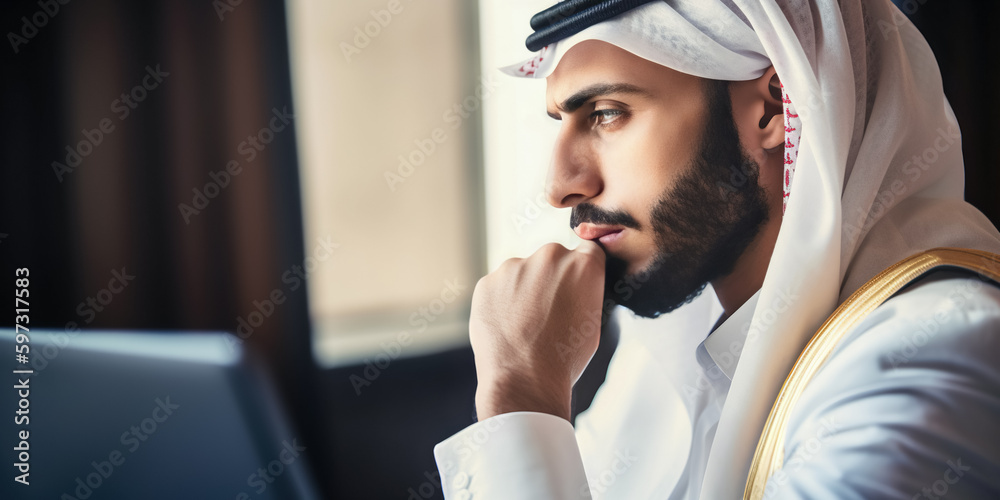 Successful muslim businessman in traditional white Kandura uses laptop ...