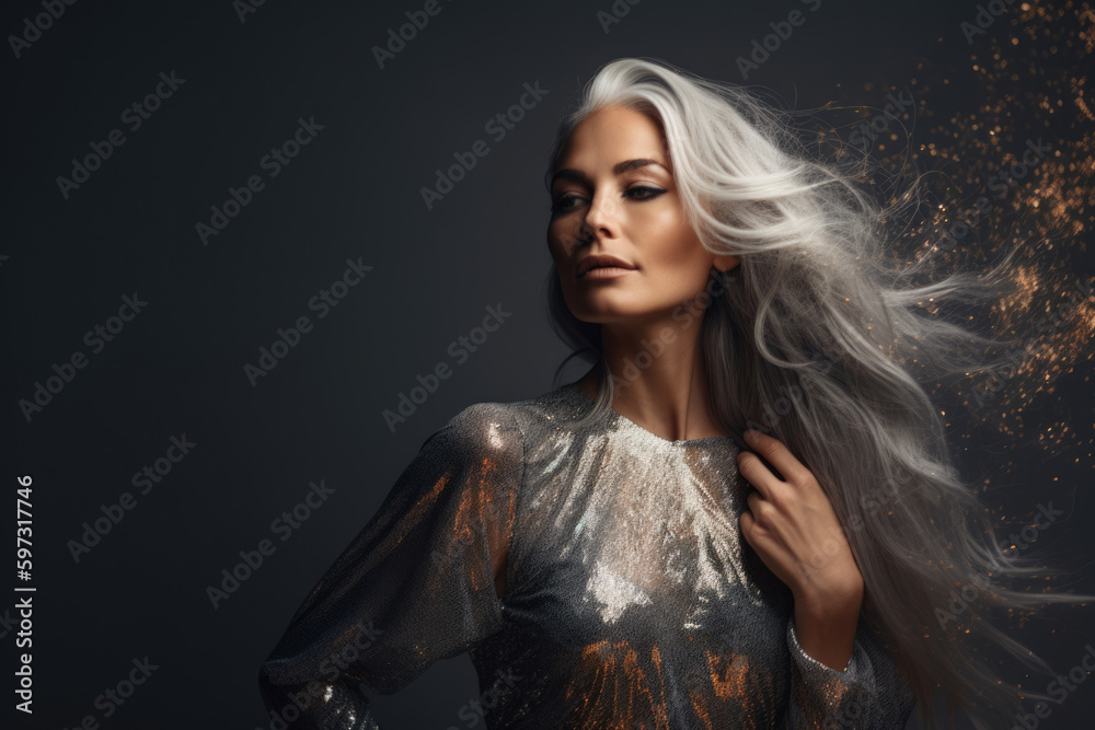 Mesmerizing portrait of a stunning woman with long silver hair, wearing ...
