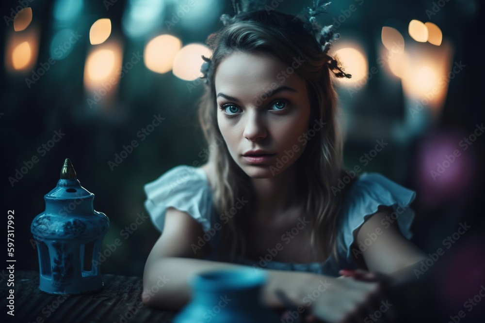 Alice In Wonderland Cheshire Cat White Rabbit Alice In Blue Dress Drink Tea Alice Through The