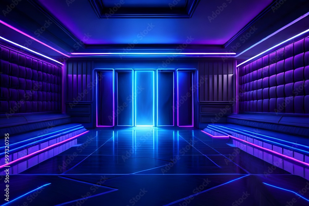 Abstract violet blue neon background. Dark empty room with glowing ...