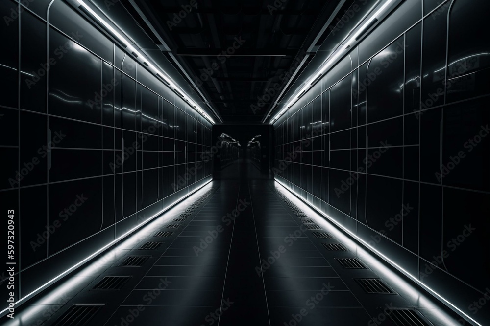 A futuristic corridor with white grid lines on a gray black background ...