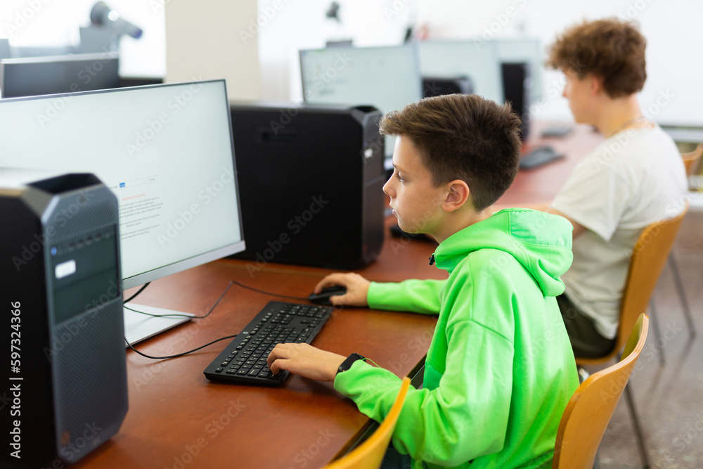 Smart focused tween boy studying with classmates in modern computer lab ...