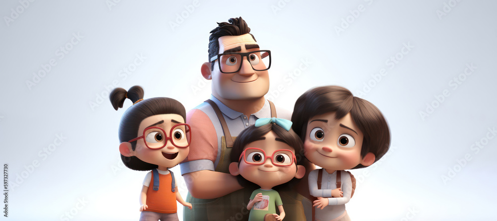 happy cartoon father with his children for family dad bonding concepts ...