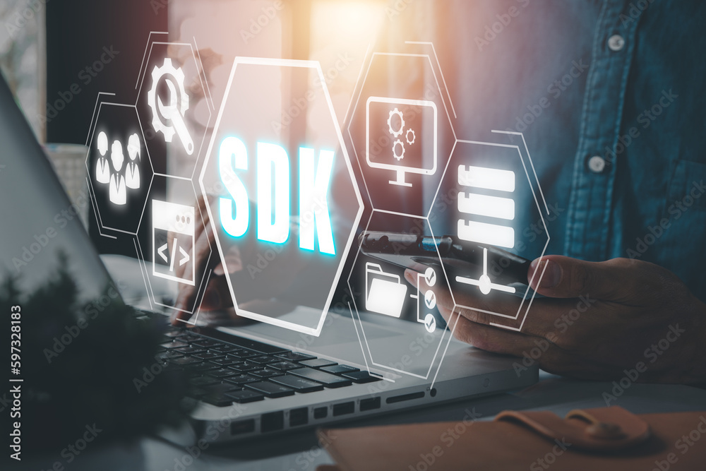 Foto de SDK - Software development kit programming language technology concept, Person typing ...