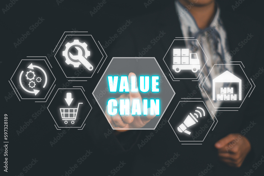 Value chain concept, Business woman hand holding value chain icon on ...