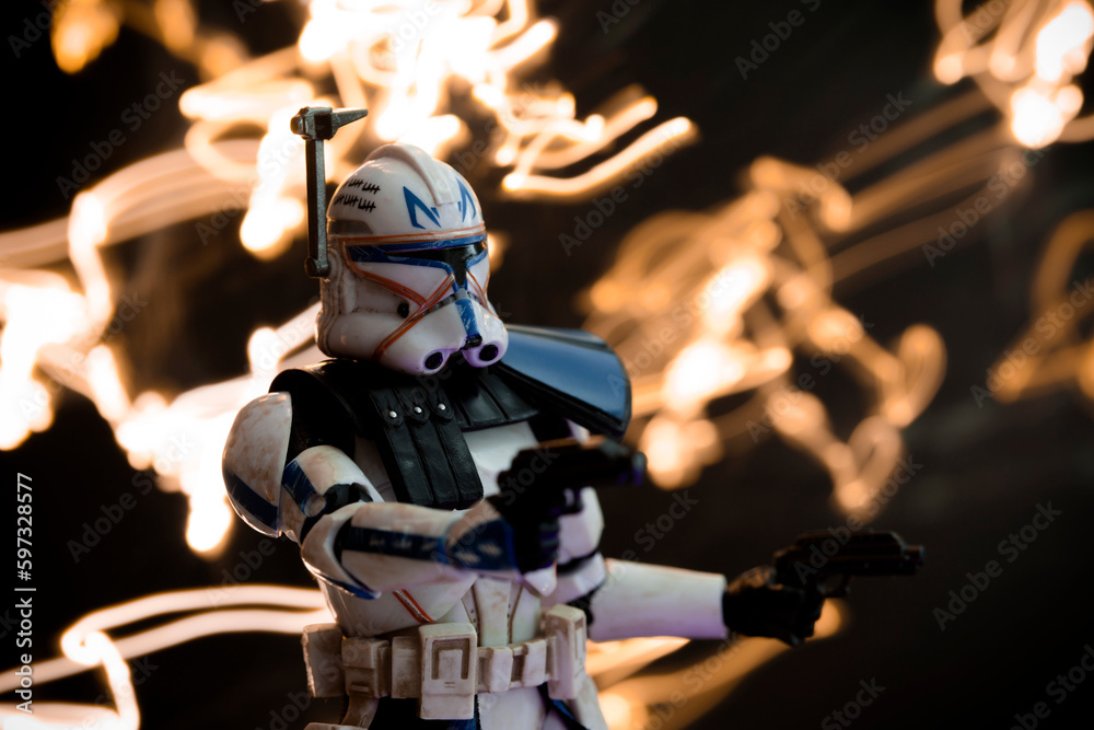 NEW YORK USA: DEC 5 2017: Star Wars Clone Trooper Captain Rex holding ...