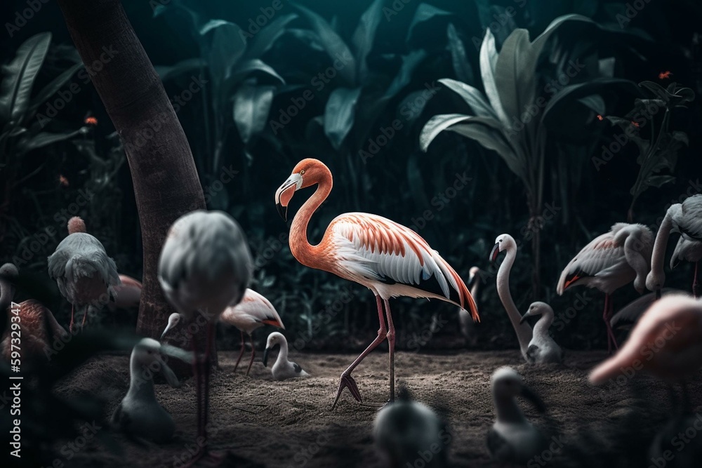 Flamingo and sparrows in surreal stage, standing out from crowd ...