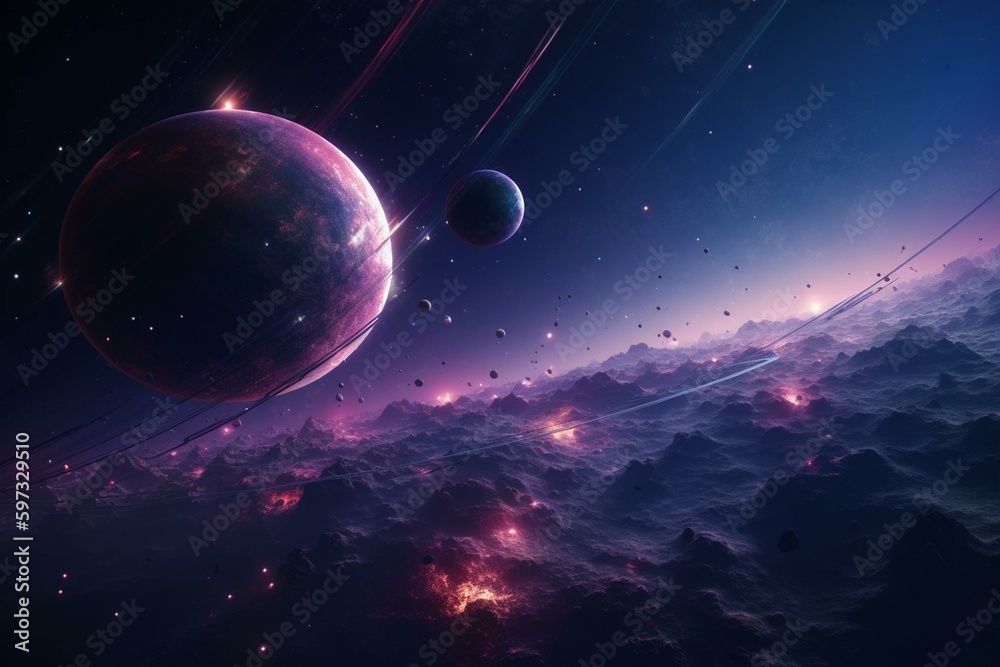 Planetary system in purple space with blue & pink sky, stars, and small ...