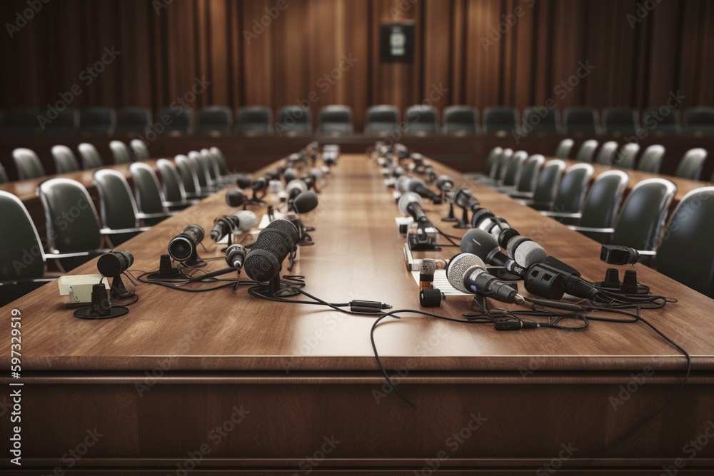 Conference table with interview microphones, reporters audience and ...