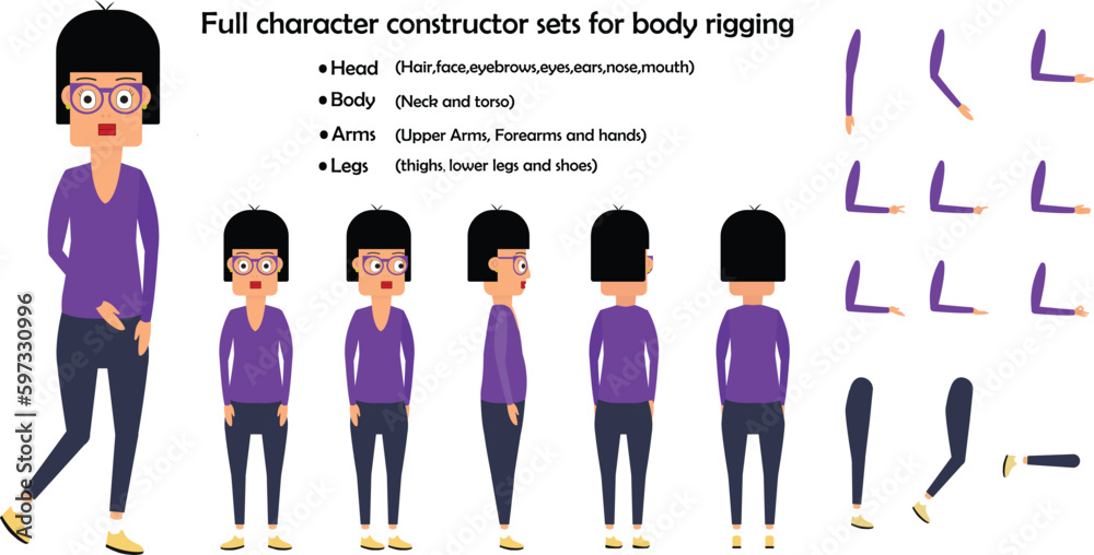 Cartoon 2d woman character constructor sets for full body and head ...
