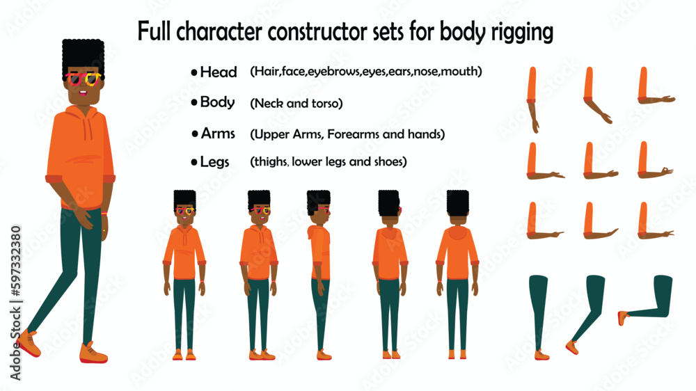 Cartoon 2d young teen man character constructor sets for full body and ...