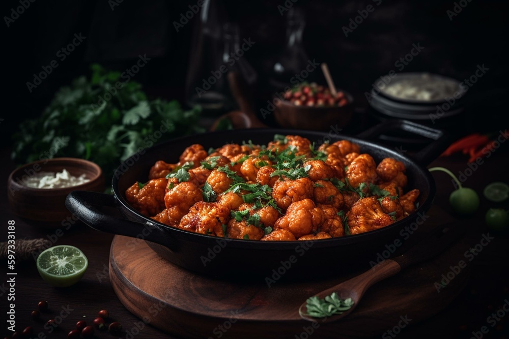 Focused on popular Indian street food, Gobi Manchurian Dry, made with ...