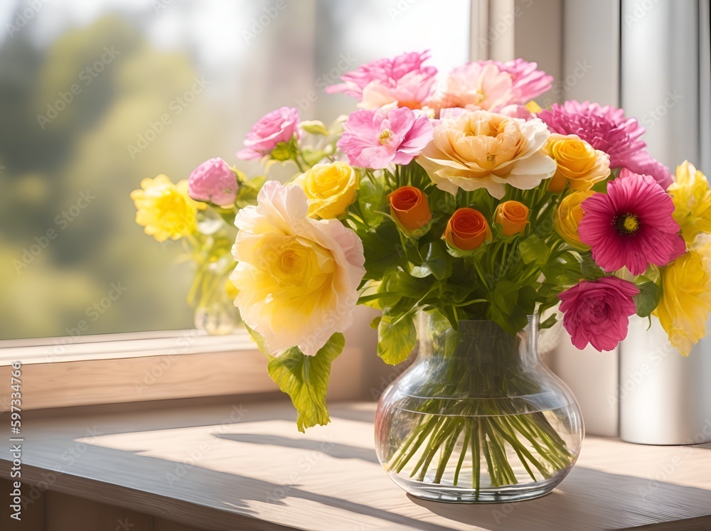 flower vase with many different colorful flowers, beside window created ...