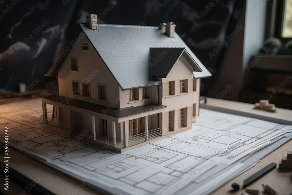 House with visible roof levels and architectural drawings. Generative ...