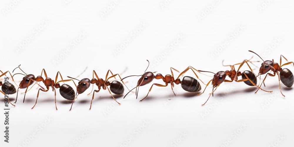 close up group of ants on ground walking following lead isolated on ...