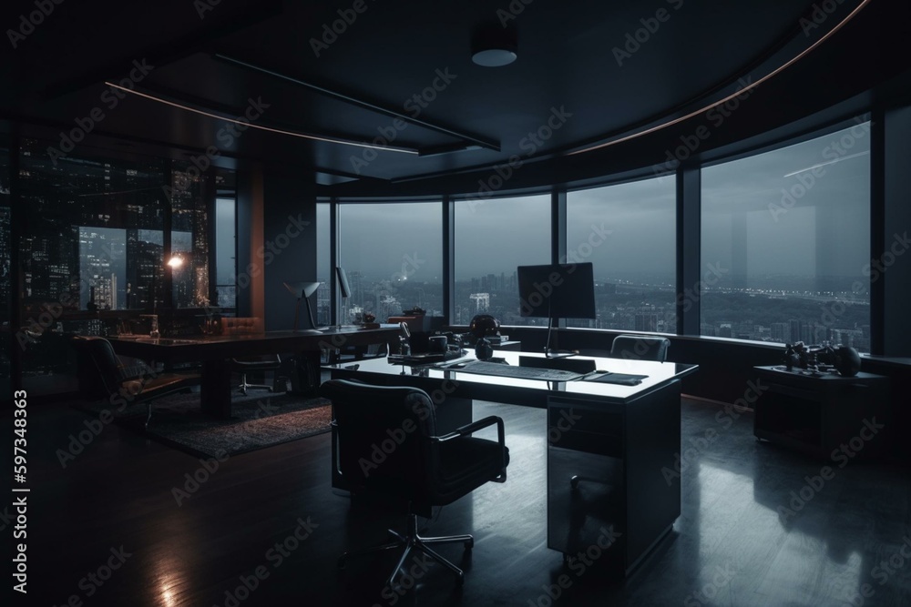Desk in dark reception room, with conference room and big panoramic ...