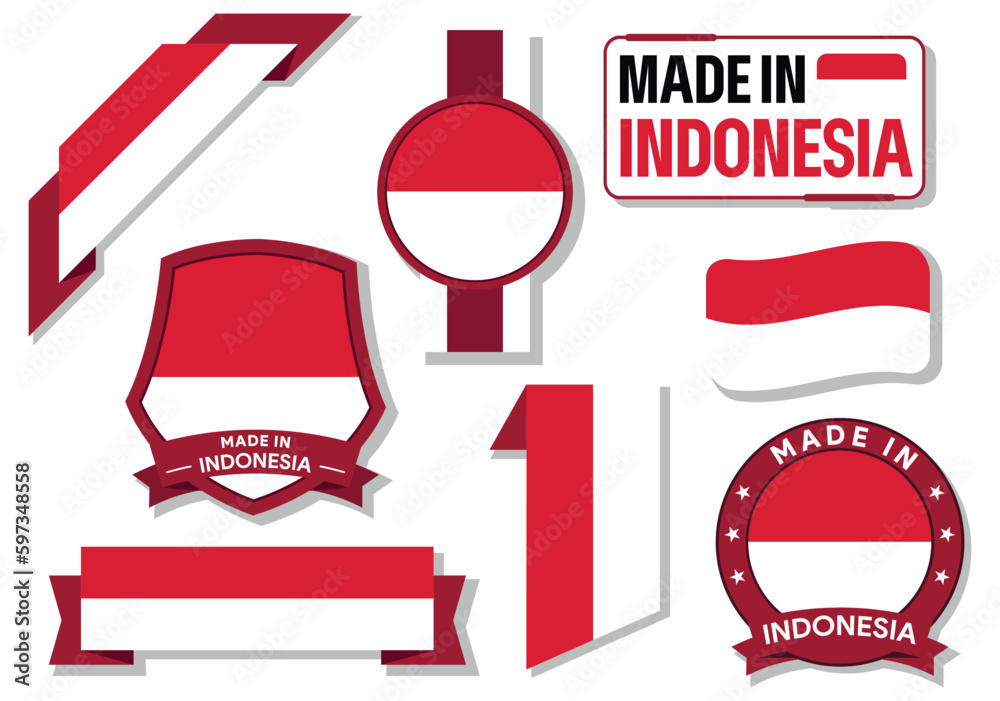 Collection of made in Indonesia badges labels Indonesia flags in ribbon ...