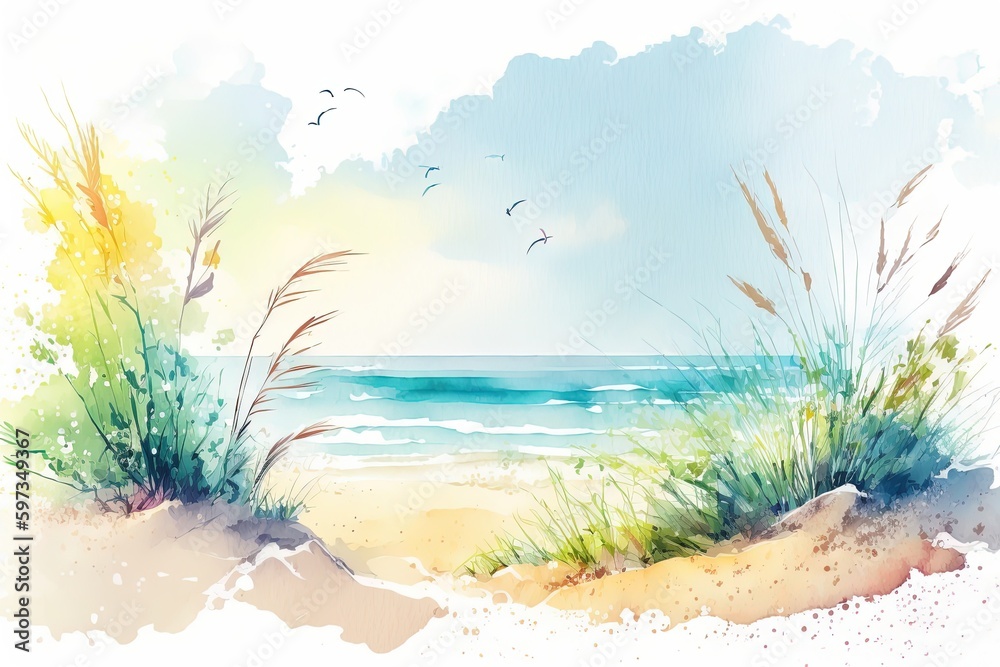 A watercolor painting of a beach with sea oats. Watercolor summer ...